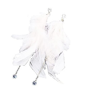 Jemant White Feather Earrings For Women Boho Style Long Faux Pearl Tassel Chain Cubic Zirconia Dangle Drop Aesthetic Elegant Black Feather Earrings For Bride Mothers Wife (White)