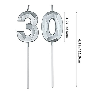 30th Birthday Candles for Cake, Silver Number 30 3D Diamond Shaped Candle Birthday Decorations Party Supplies for Women or Men