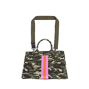 Milly Kate Camouflage Tote Handbag with Stripes, Stylish, Trendy, Preppy, Fashionable, Upscale Bag, Detachable Strap, Inside Pockets, Designer Purse Exclusive to, 10” x 15”