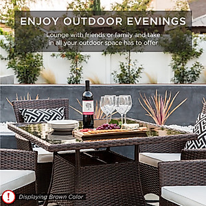 Best Choice Products 5-Piece Indoor Outdoor Wicker Dining Set Furniture for Patio, Backyard w/Square Glass Tabletop, Umbrella Cutout, 4 Chairs - Navy