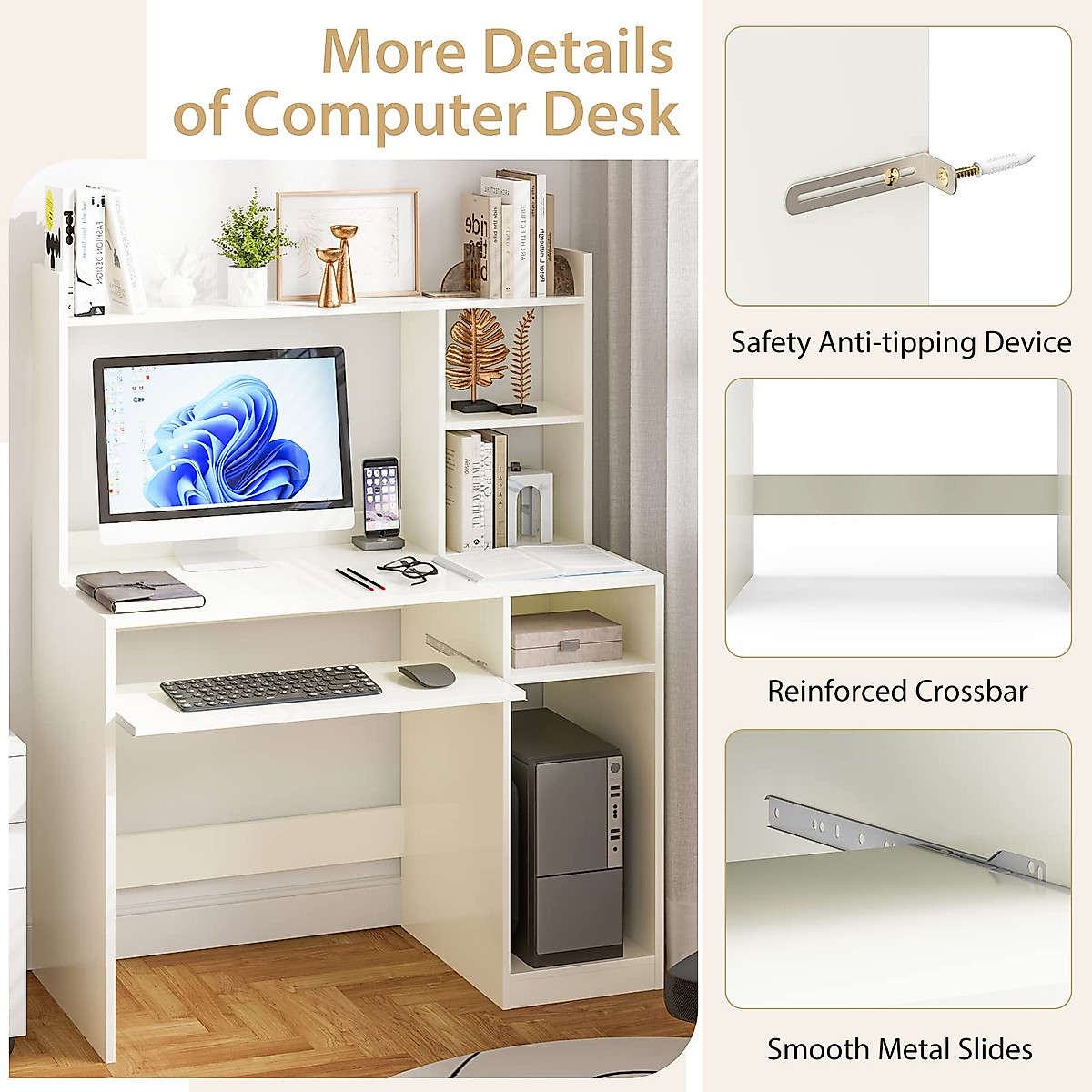 GLOBALWAY Home Office Desk w/Hutch, Gaming Table Workstation w/Keyboard Tray, CPU Stand, & Bookshelf, Modern & Space-Saving Writing Desk for Dorm, Bedroom, White
