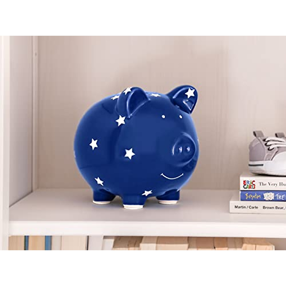 Pearhead Ceramic Piggy Bank, Baby Money Bank Keepsake, Modern Gender-Neutral Nursery Décor, Gift for Baby Girl Or Baby Boy, Blue with White Stars