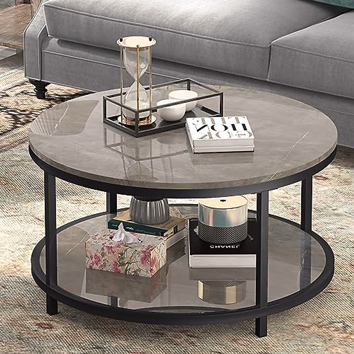 WiberWi Round Coffee Table 33.5" Coffee Tables for Living Room High Glossy Faux Marble Top Modern Circle Table Sturdy Black Metal Frame Legs Cocktail Table with Storage Open Shelf
