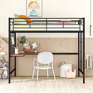 Black Full Loft Bed with Desk & Metal Grid, Metal Loft Bed Full Size with Safety Guardrails and Ladders, High Loft Bed Frame for Teens, Adults, No Box Spring Needed