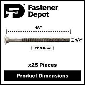 1/2"-13 x 18 Hot Dipped Galvanized Carriage Bolt, 6" Thread, Grade A, Quantity 25 - by Fastener Depot, LLC