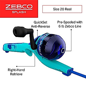 Zebco Kids Splash Floating Spincast Reel and Fishing Rod Combo, 29-Inch 1-Piece Fishing Pole, Size 20 Reel, Right-Hand Retrieve, Pre-Spooled with 6-Pound Cajun Line, Blue