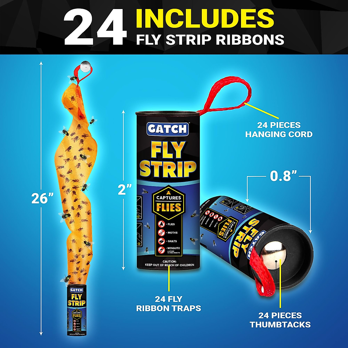 Fly Trap Indoor Catcher for Flies Gnats (24 Pack), Fly Paper Sticky Hanging Trap, Paper Tape for Indoors and Outdoors Catcher Ribbon Traps Fly Paper, Traps Mosquitoes, Flying Insects