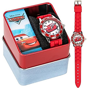 Disney Pixar Cars Kids' Time-Teaching Watch – Lightning McQueen Design with Red Silicone Strap, Easy-to-Read Dial, and Adjustable Fit for Wrists 5.5" to 8"