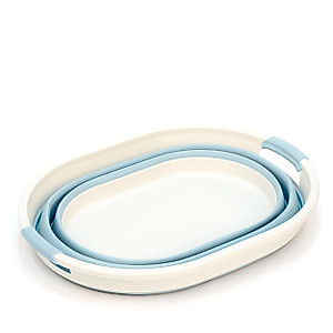 SAMMART 28L (7.4Gallons) Collapsible Plastic Laundry Basket - Oval Tub/Basket - Foldable Storage Container/Organizer - Portable Washing Tub - Space Saving Laundry Hamper (1, Grey/Sterling Blue)