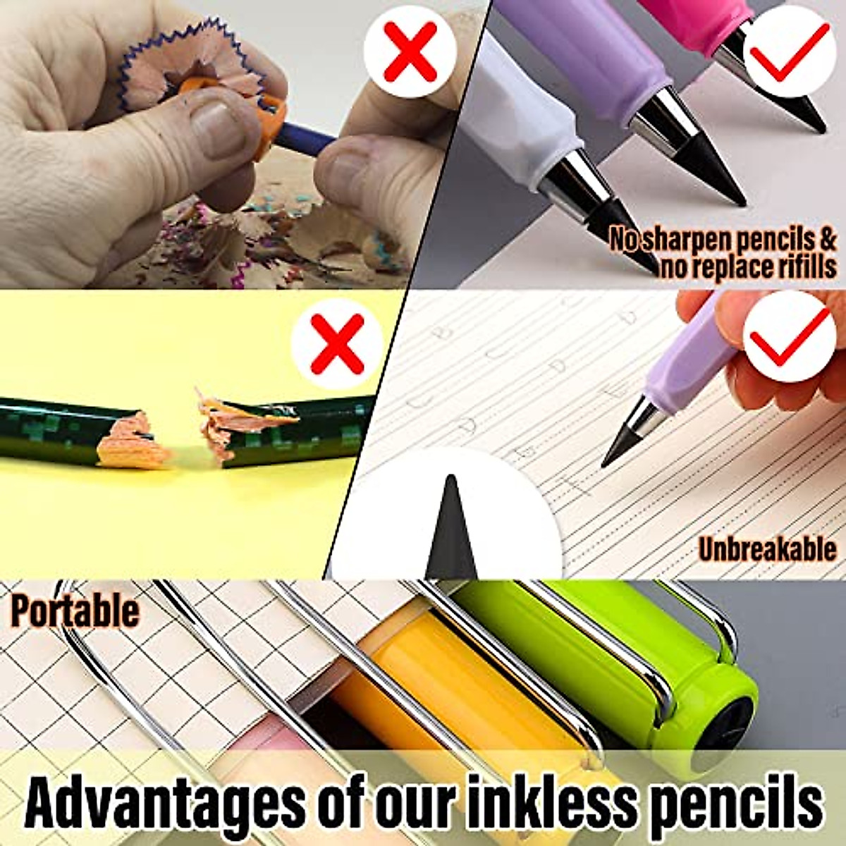 Ablink 6pcs Everlasting Pencil, Inkless Pencils Eternal with 6pcs Replacement Nibs, Infinite Pencil Magic Pencils, Portable Reusable Erasable Writing Pencil, for Writing Art Sketch Painting Tool