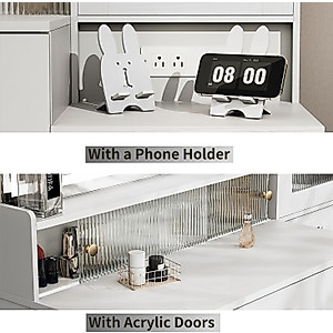 Large Vanity Desk with Mirror and Light, Vanity Table and Cushioned Stool Set, Makeup Vanity Table Makeup Desk with Charging Station, Storage Stool, Bedroom Dressing Table with Drawer and Cabinet