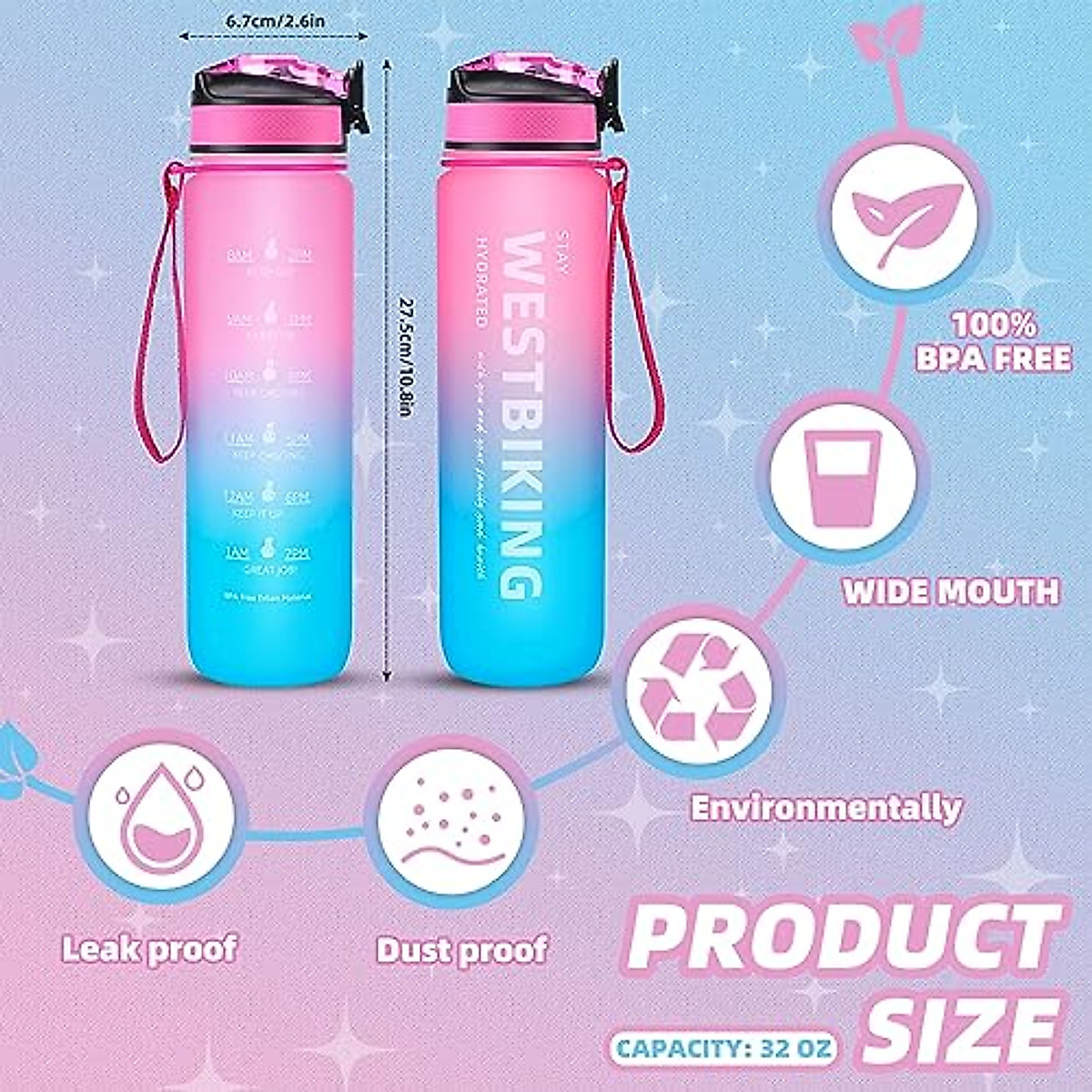 West Biking 32 oz Water Bottle with Time Marker and Straw, Motivational Water Bottles with Clean Brush, Leakproof & BPA Free, Drinking Sports Water Bottle for Fitness Gym Outdoor