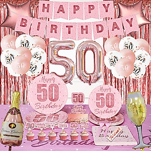 50th Birthday Decorations Women Rose Gold 50 Party Supplies Foil Fringe Curtains,Plates,Napkins,Tablecloth,Forks,Happy Birthday Banner,50th Sash,Cake&Cupcake Toppers,Latex&Foil Balloons