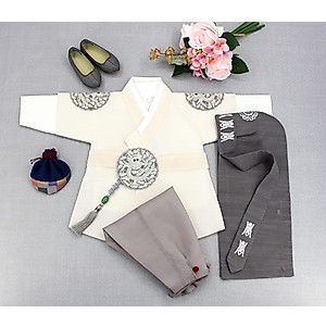 Korean Hanbok Boy Baby Traditional Kings Design Clothing Set Beige 100th days to 8 ages ddb003 (100th days hanbok)