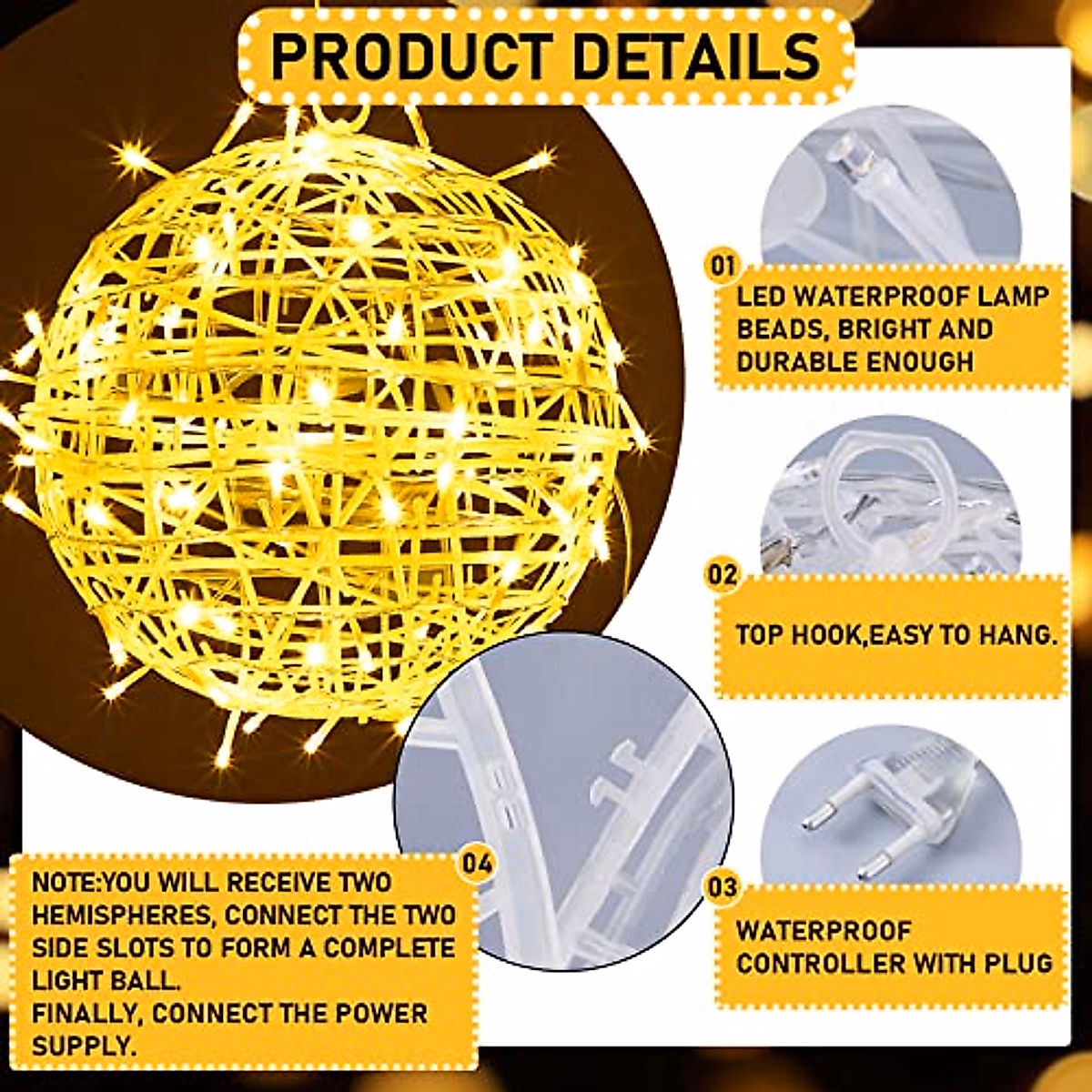 4 Pcs 16'' Christmas Outdoor Light Balls Hanging Tree Globe Lights LED Garden Tree Lights Rattan Lighted Sphere Balls Waterproof Lighted Globe Light for Tree Outdoor Indoor Party Yard Lawn Porch Decor