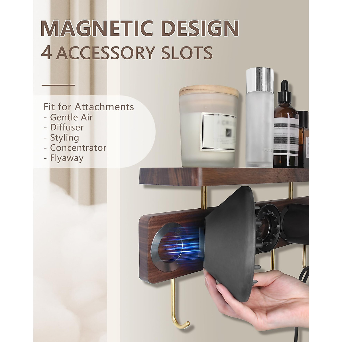 Affogato Walnut Storage Holder Compatible with Dyson Supersonic Hair Dryer and Attachments, Wall Mount Holder with Shelf Organizer for Bathroom Bedroom, Walnut Wood