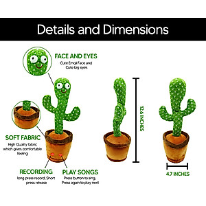 Majesty Trends Dancing Cactus Toy Talking Singing Plush Toy Mimicking Repeats What You Say, Have Recording & 120 Funny Musical Songs Wiggly Dance with Lighting Funny Kids Gift