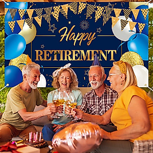 Happy Retirement Party Decorations Backdrop - Extra Large Retirement Decorations Banner Blue and Gold Happy Retirement Banner Party Supplies Photo Backdrop Background for Men, 70.8 x 43.3 Inch