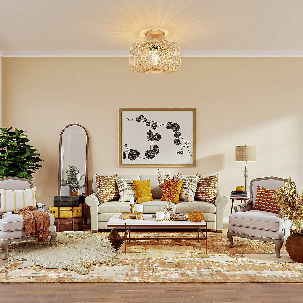 FRIDEKO HOME Woven Rattan Flush Mount Light Fixture - Boho Light Fixtures Ceiling Bedroom Ceiling Lights Flush Mount Ceiling Light for Living Room Hallway Kitchen Entryway Farmhouse