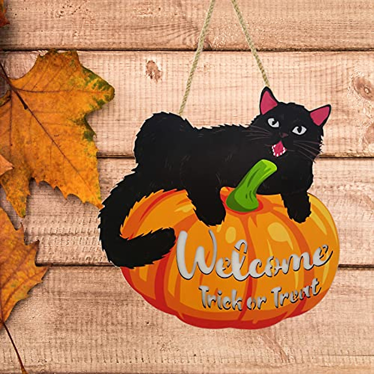 Halloween Decorations, Trick or Treat Sign for Front Door Decor with Light, Wooden Door Hanging Decor with black cat on pumpkin for Home Office School Party Haunted House