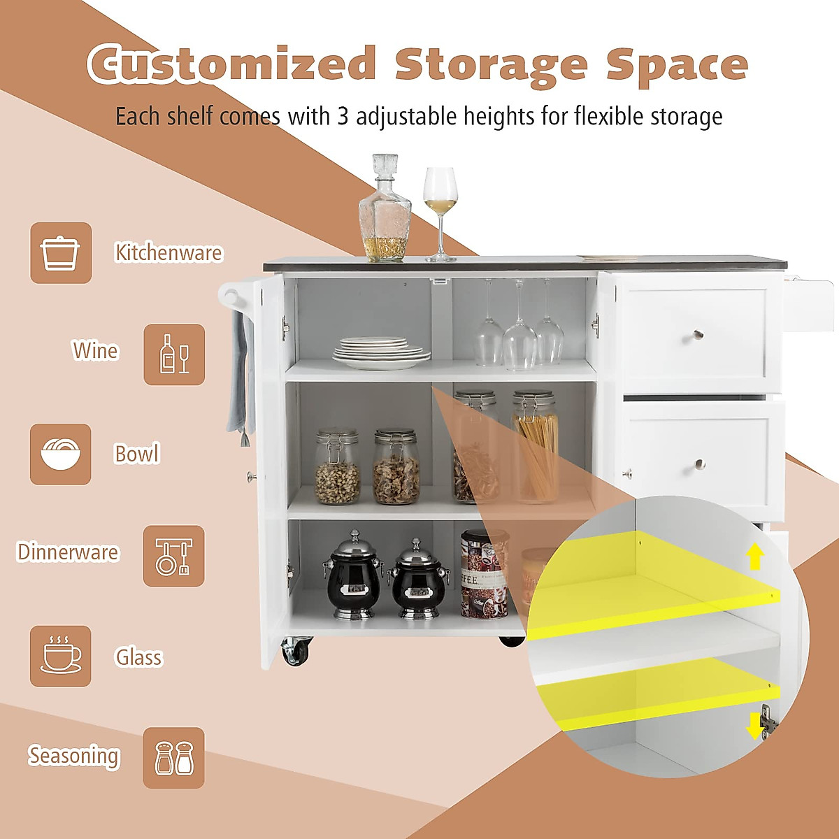 COSTWAY Kitchen Island cart on Wheels, Mobile Serving Cart w/Stainless Steel Countertop, 3 Drawers, 2-Door Cabinet, Adjustable Shelves, Towel Holder & Spice Rack, Utility Trolley on Wheels, White