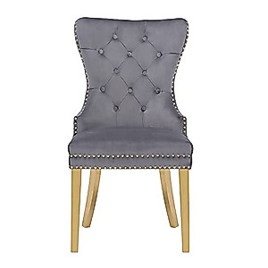 Velvet Upholstered Dining Chairs Set of 2, Modern Dining Room Tufted Chairs, Armless Accent Chair with Wing Back, Back Pull Ring, Nailhead Trim and Gold Legs for Dining Room and Kitchen, Dark Gray