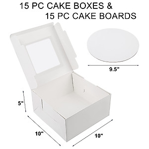 LotFancy 15 Sets Cake Boxes, 10 x 10 x 5 Inch White Bakery Boxes with Cake Boards, Disposable Cake Carrier with Window for Pie, Donut, Cookie, Pastry
