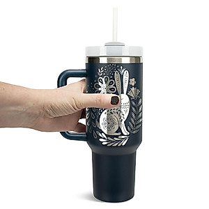 Elanze Designs Woodland Bunny Rabbit Flower Garden 40 oz. Stainless Steel, Large Water Bottle Coffee Mug, Spill & Leak Resistant, Thermal Travel Tumbler with Handle, Lid & Straw, Navy Blue