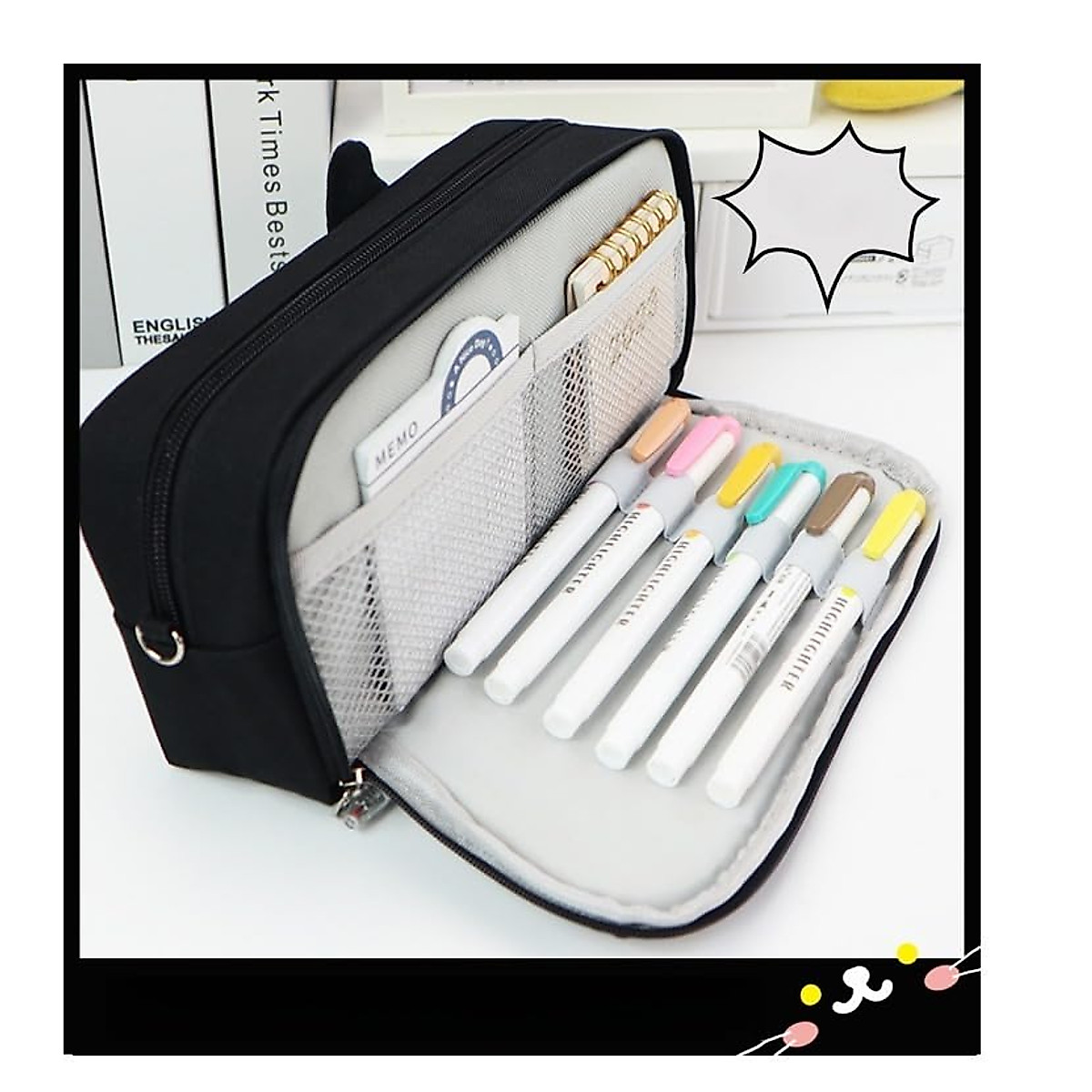 KGJGFX Doubel Layer Large Capacity Pencil Case with Embroidered Cats Grid Compartment of Pen Slots in Black & White Pen Holders Pen Pouch (Beige Cat with 3 Layers)