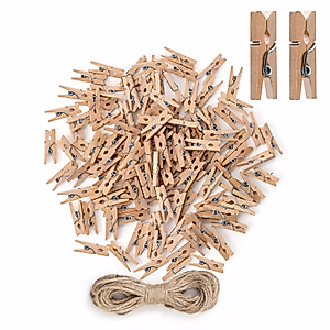 Mini Clothes Pins, 120 Pcs Natural Wooden Clothespins with 10m Jute Twine, 1 Inch Mini Wooden Clips, Mini Clothes Pins for Photo Crafts DIY Weddings and Cocktails Décor (1in/120pcs)