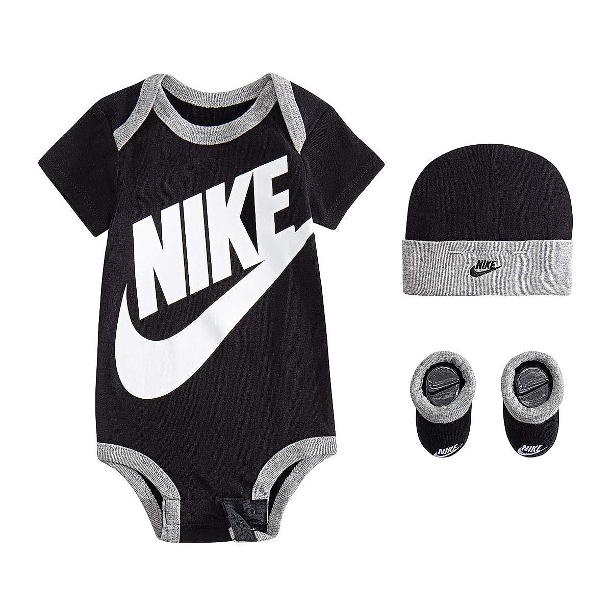 Nike Baby Bodysuit, Hat and Booties 3 Piece Set (Black(LN0073-023)/White, 0-6 Months)