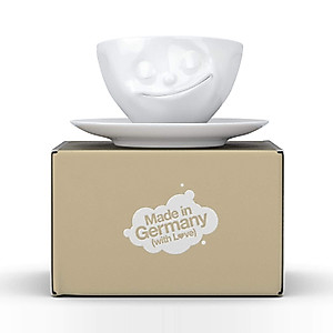 FIFTYEIGHT PRODUCTS TASSEN Porcelain Coffee Cup with Saucer, Happy Face Edition, 6.5 oz. White (Single Cup & Saucer)