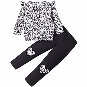RETSUGO Little Girls 2 Piece Outfits White Leopard Aop Sweatshirts Ruffle Sleeve Toddler Shirt and Leggings Set Kids Clothes Girls Picture Day Outfits for School 8-9 Years old/6627