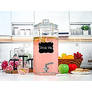 2 Gallon Beverage Serveware with Stainless Steel Spigot + Marker & Chalkboard 100% Leakproof Glass Drink Dispenser for Parties with Spout, Airtight Beverage Dispenser for Water Juice Laundry