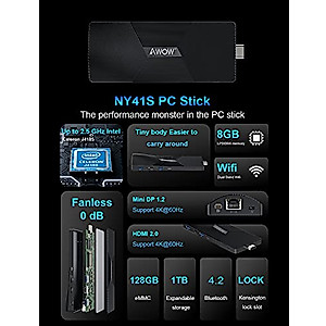 AWOW Fanless 8GB Mini PC Stick Intel Celeron J4105, 128GB Storage, Windows 11 Pro Mini Computer Stick Supporting HDMI 2.0 and Mini DP 1.2 Dual 4K@60Hz, Dual Band WiFi and Gigabit Ethernet Port, NY41S