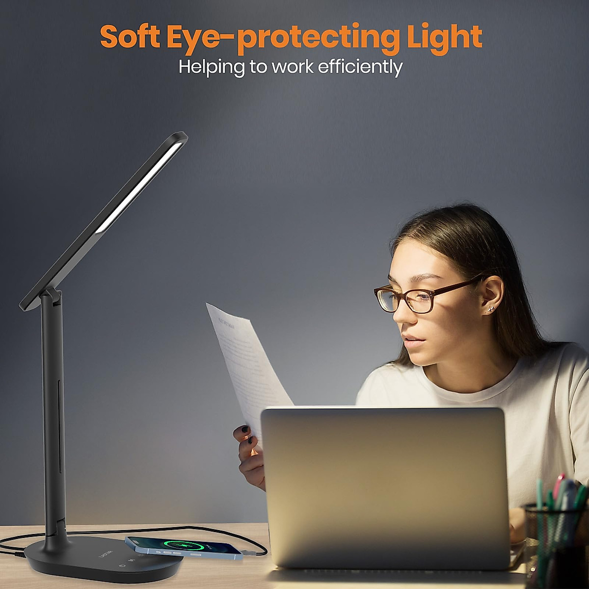 LASTAR LED Desk Lamp, Dimmable Eye-Protecting Table Lamps with Night Light, USB Charging Port, 4 Color Temperature Modes, 5 Brightness Levels, 1H Timer, Touch Control for Home Office Bedroom