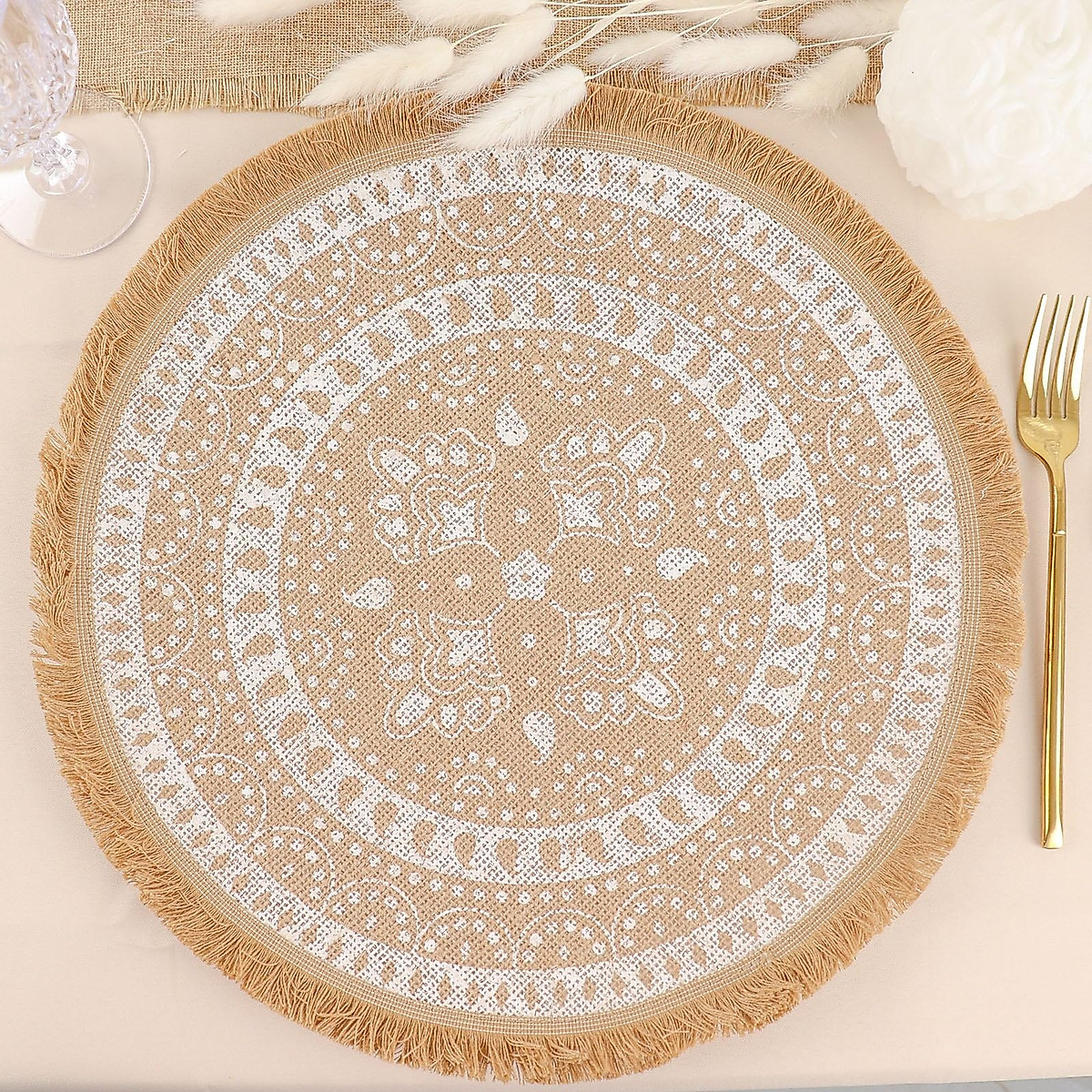 Efavormart 4 Pack | Natural 15" Jute & White Print Fringe Placemats, Rustic Round Woven Burlap Tassel Table Mats