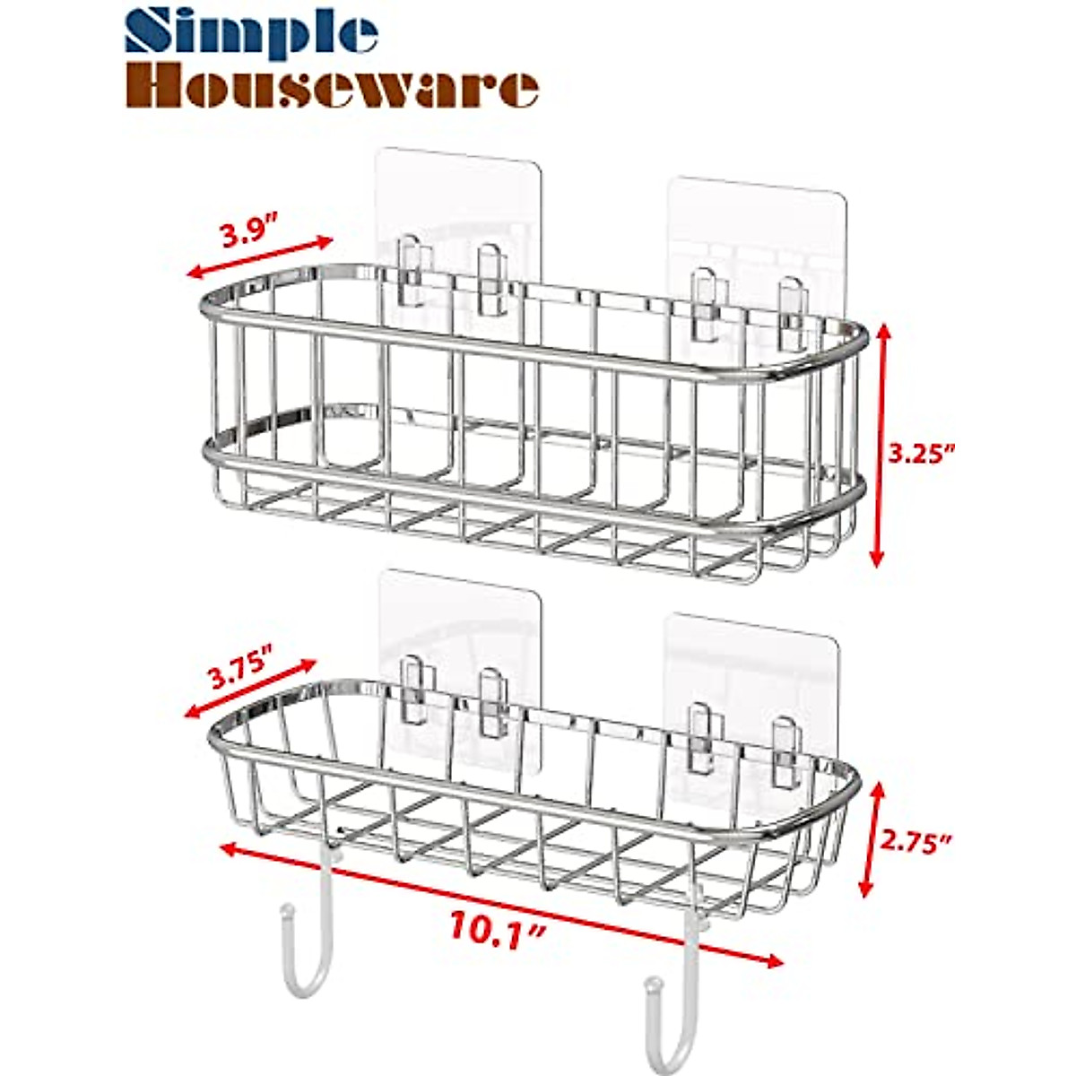 Simple Houseware 2-Tier Wall Mounted Adhesive Shower Caddy Shelf Organizer w/Hooks, Chrome
