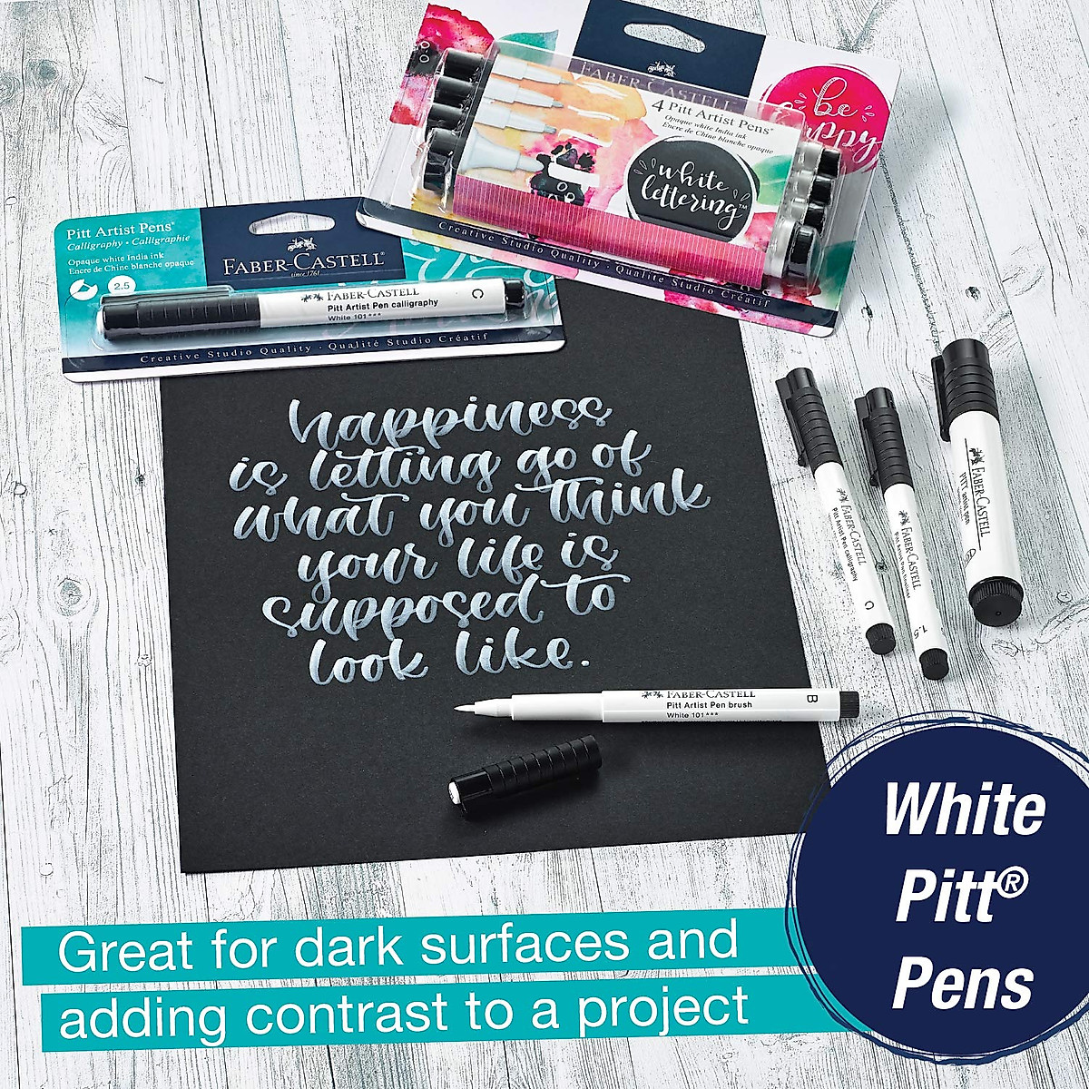 Faber-Castell White Pitt Artist Pen Set - 4 Opaque White India Ink Artist Markers - Lettering and Illustration Marker Set