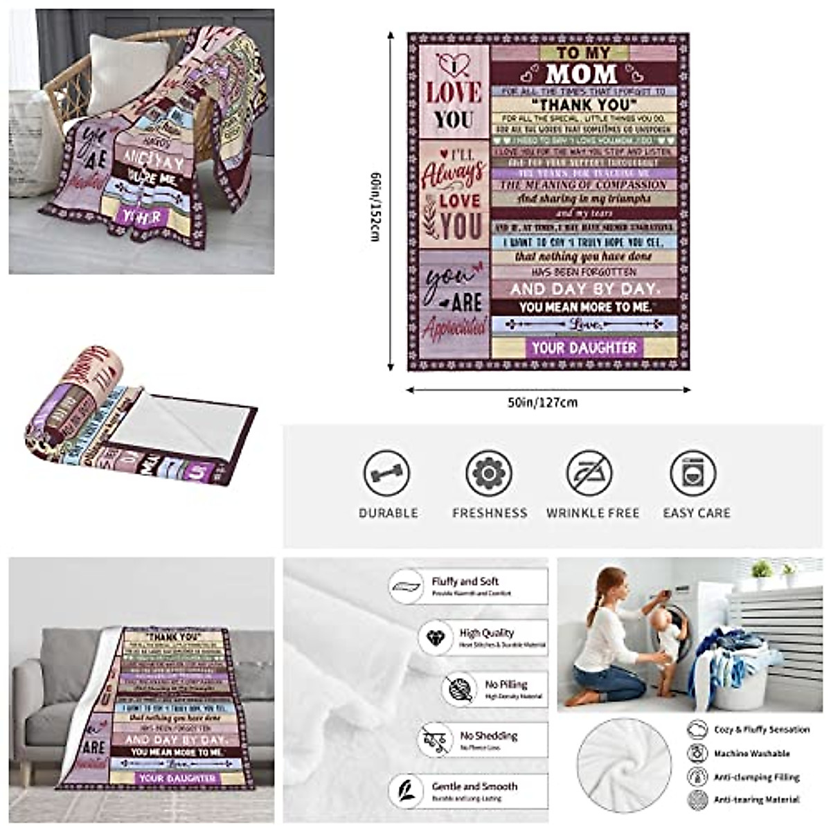 Gifts for Mom Blankets, Mothers Day Birthday Gifts for Mom, Mom Gifts from Daughter, Gifts for Mom from Daughter, Mom Gifts from Son, Mom Birthday Gifts from Daughter, Best Mom Ever Gifts 60x50 Inch