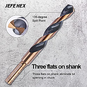 JEFE HEX 1/2" Dia. 5" OAL HSS Twist Drill Bit, General Purpose, 3-Flat Shank, Black and Gold Finished, 135 Degree Split Point, Ideal for Steel/Wood/Copper/Aluminum/Zinc Alloy/Plastic. (2-Piece)
