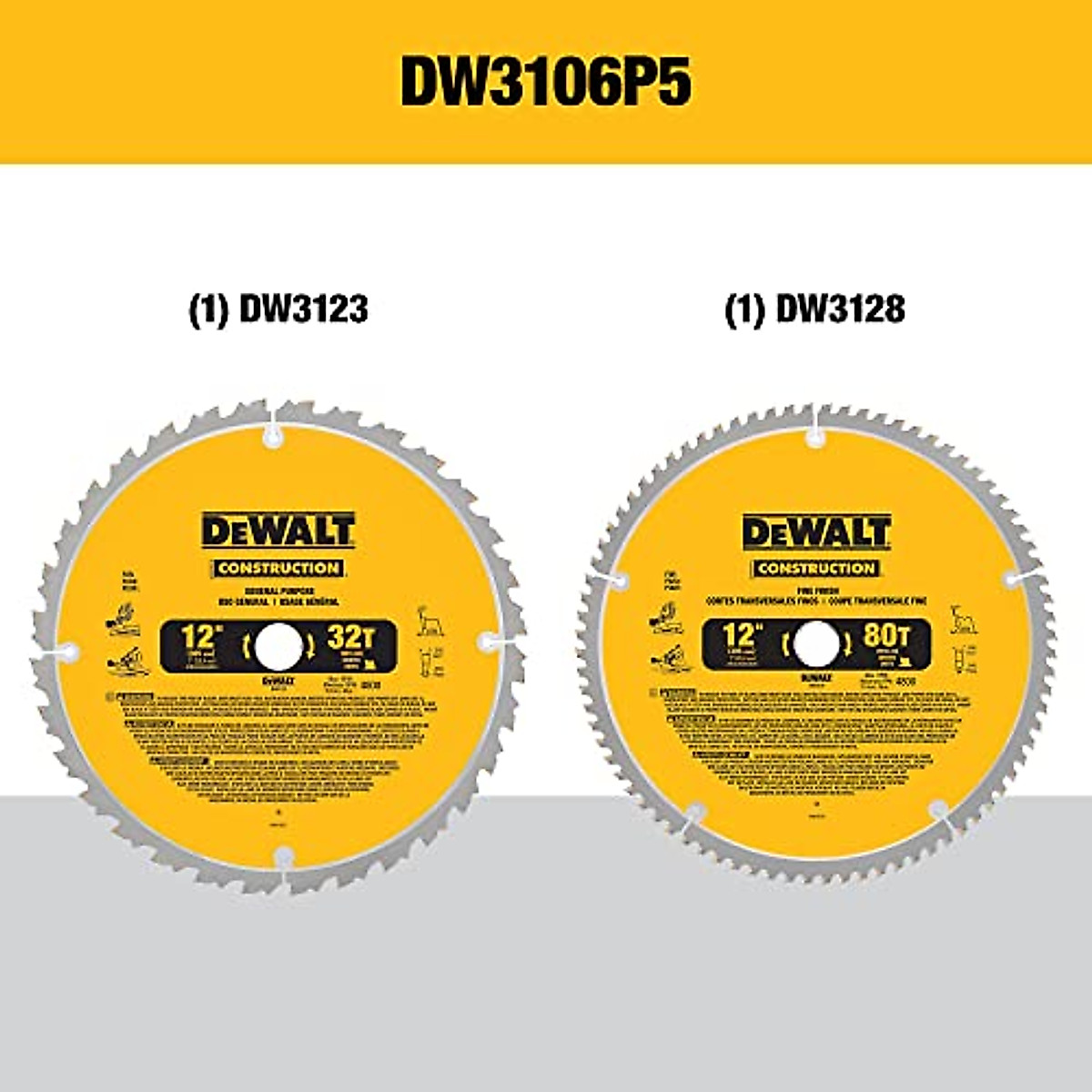 DEWALT 12-Inch Miter Saw Blade, Crosscutting, Tungsten Carbide, 80-Tooth, 2-Pack (DW3128P5)