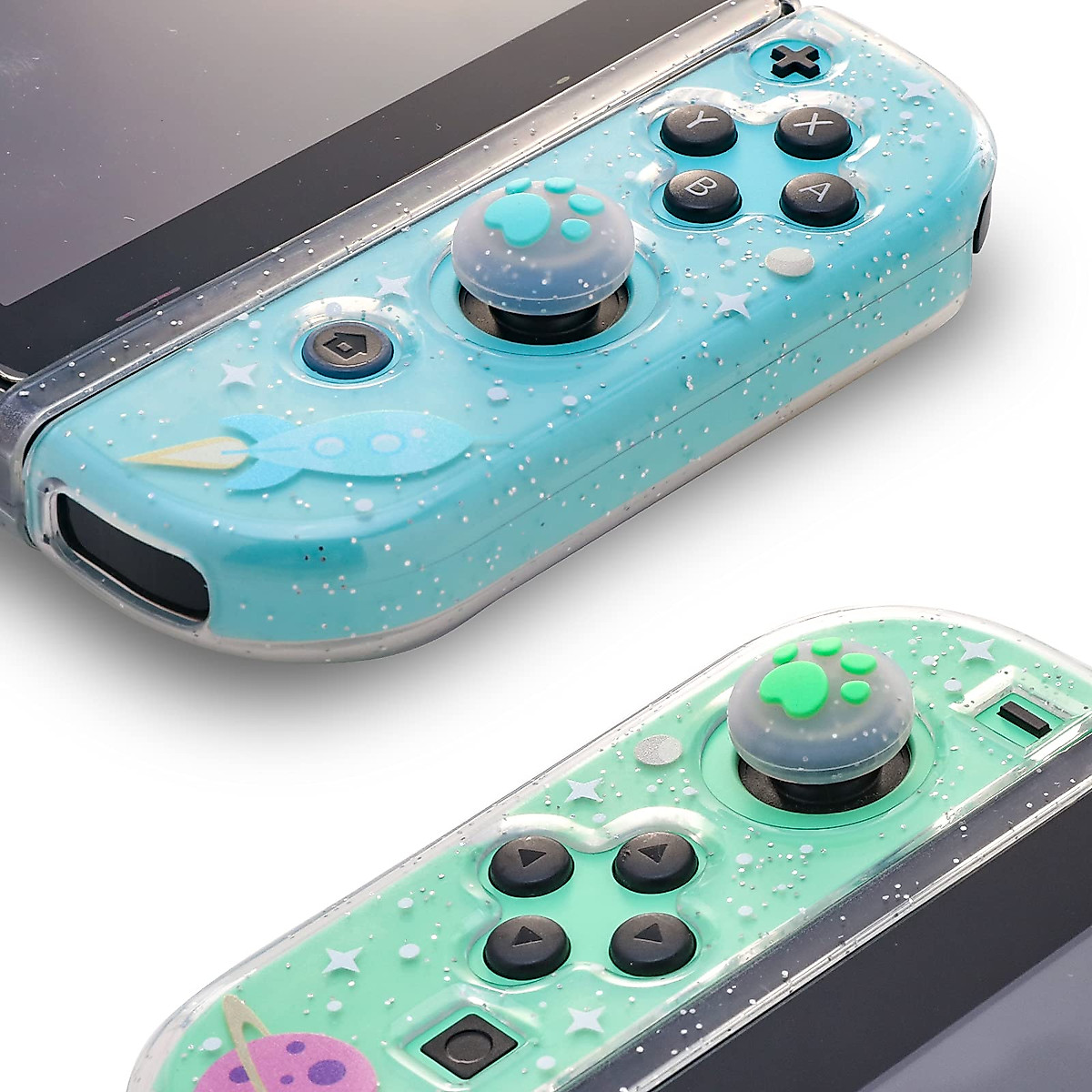 NANANINO Switch Clear Glitter Case, Switch TPU Case, Switch Protective Case with Animal Crossing Thumb Grips and Tempered Glass Screen Protector - Rocket Theme