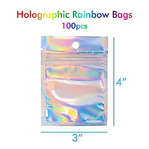 QTOP 100 Pieces Mylar Bags Holographic Packaging Bags, Foil Pouch Ziplock Bags for Food Storage and Lipgloss, Jewelry, Eyelash Packaging (3 X 4 inches)