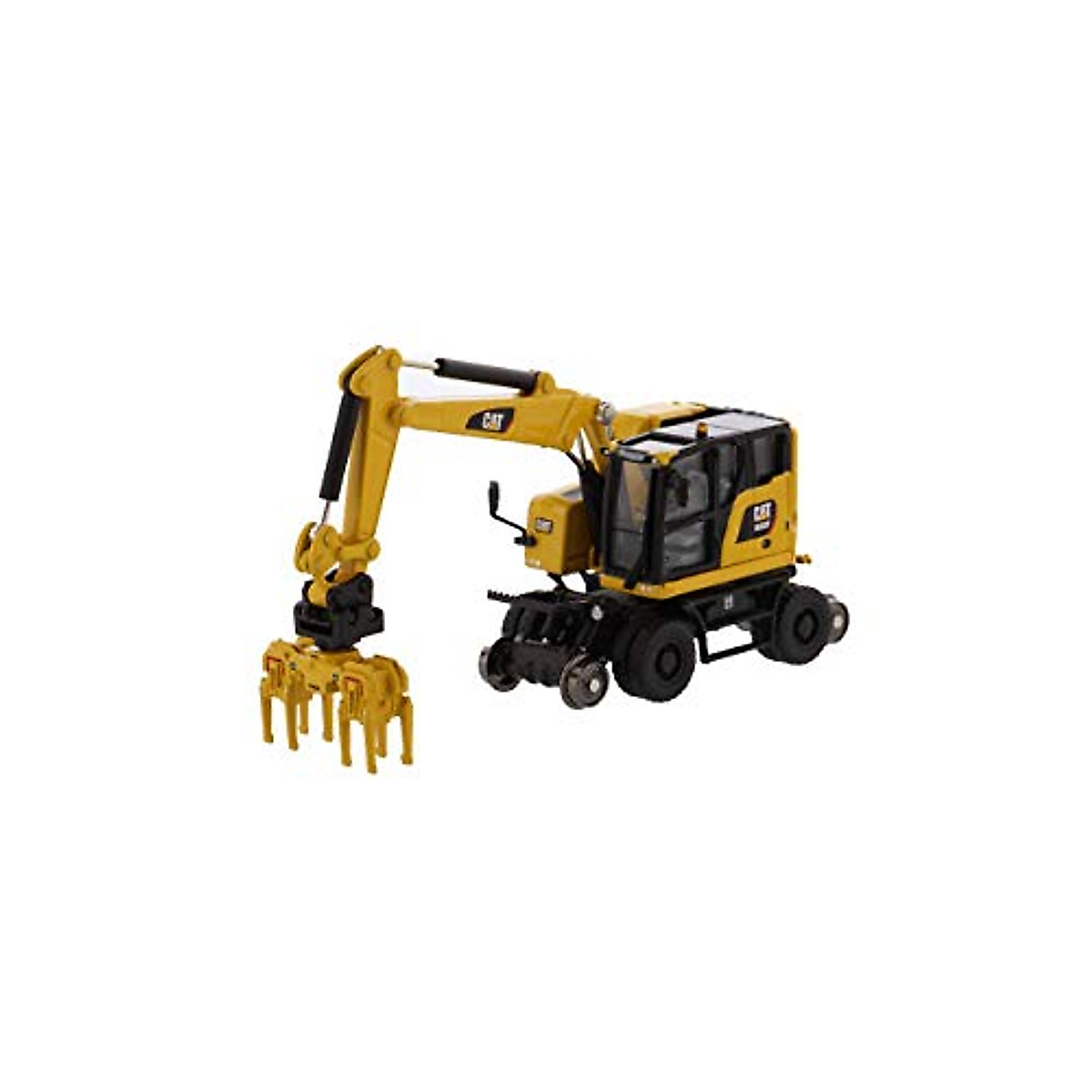 1:87 Caterpillar M323F Railroad Wheeled Excavator, Safety Yellow Color – HO Series by Diecast Masters – 85612 (Comes with 3 Interchangeable Work tools: Ballast Tamper, Rail Clamshell, and Bucket
