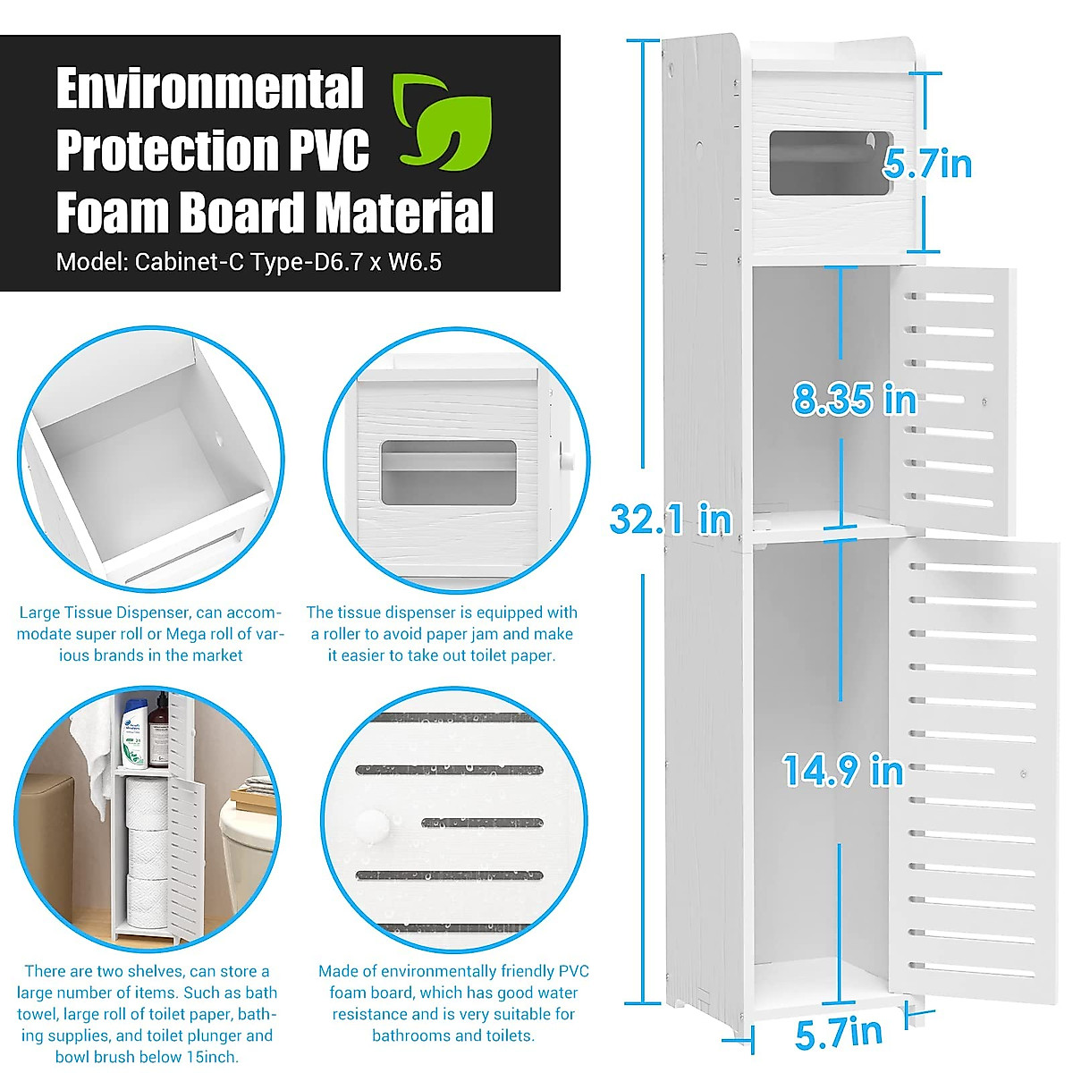 Bathroom Storage Cabinet for Small Space with Doors and Shelves, 4-Tiers Narrow Bathroom Cabinet,Waterproof Toilet Paper Storage Organizer with Toilet Paper Roller,Accommodate Mega Rolls(White 2Pack)