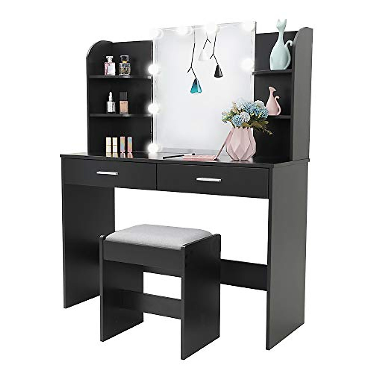 usikey Vanity Desk with Mirror & Lights for Mother's Day, Makeup Vanity Table with 2 Drawers, 6 Storage Shelves & 10 Light Bulbs, Large Vanity Table Set with Stool for Women Girls, Bedroom, Black