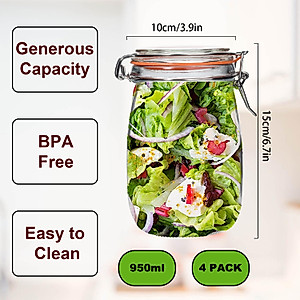 Galssmagic 32 oz Wide Mouth Mason Jars,4 Pack Glass Pickling Jars with Airtight Lids,Air Tight Glass Storage Container for Canning,Pickling,Fermenting