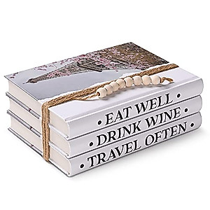 KHATEE Decorative Books for Home Decor - Cherry Blossom Design - Stacked Faux Books for Decoration with Rope & Beads - Rustic Farmhouse Decor for Table, Shelf, Mantel - 3-Piece White Book Decor Set