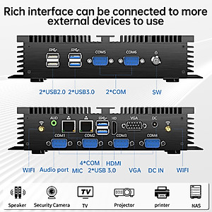 Kinupute Industrial Mini PC, Fanless Desktop Computer Core i7-5500U 2.4-3.0GHz, Windows 10 Pro, 16G RAM, 512G SSD, 2xNICs, 6xCOM RS232, 4xUSB 3.0, HDMI/VGA Ports, Auto Power On, Full Metal Case